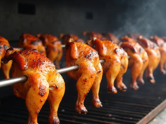Grilled Chickens on a Spit, Background Stock Image - Image of cook ...