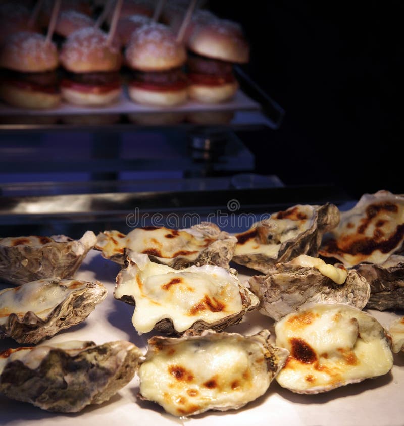 Grilled Shellfish or Seafood Food on Hot Plate Pan during Teppanyaki ...