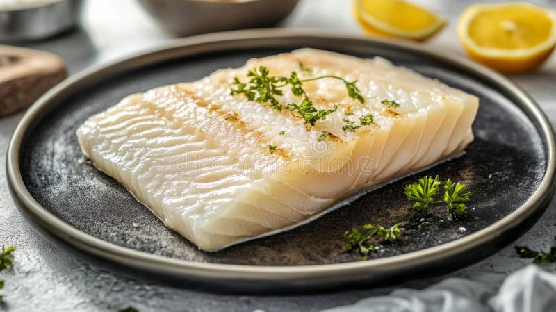Grilled Cod Fillet on Dark Plate with Lemon Stock Illustration ...