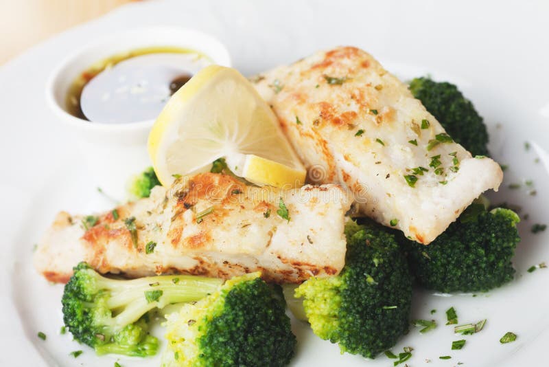Grilled Cod Fish Steak with Broccoli Stock Image - Image of broccoli ...