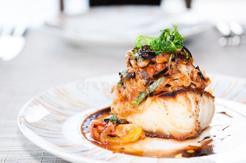 Grilled Cod Fish with Vegetable and Balsamic Sauce Stock Photo - Image ...