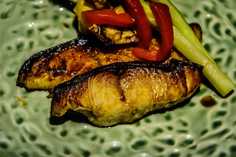 Grilled Cod Fish with a Wedge of Lemon and Soy Sauce on the Side Stock ...