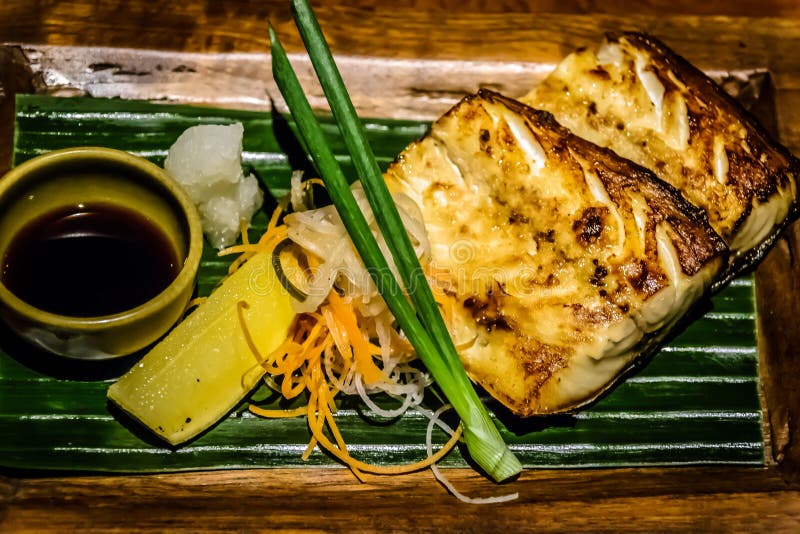 Grilled Cod Fish Wedge Lemon Soy Sauce Side Stock Photos - Free ...