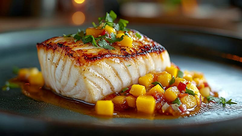 Grilled Cod with Mango Salsa Gourmet Restaurant Dish Isolated on White ...