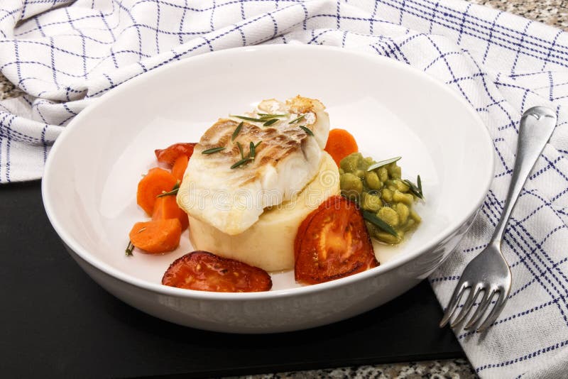 Grilled Cod with Mashed Potato, Carrots, Tomato and Mushy Pea Stock ...