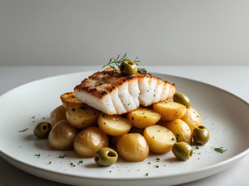 Grilled Cod with Roasted Potatoes and Olives Stock Image - Image of ...