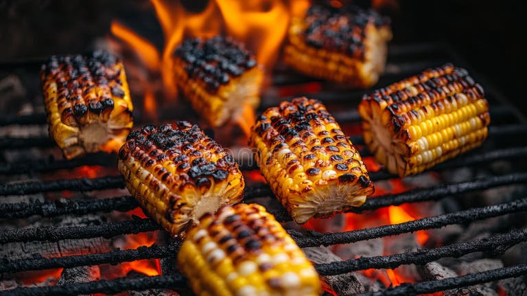 Grilled Corn on a Barbecue Over an Open Flame. Stock Image - Image of ...