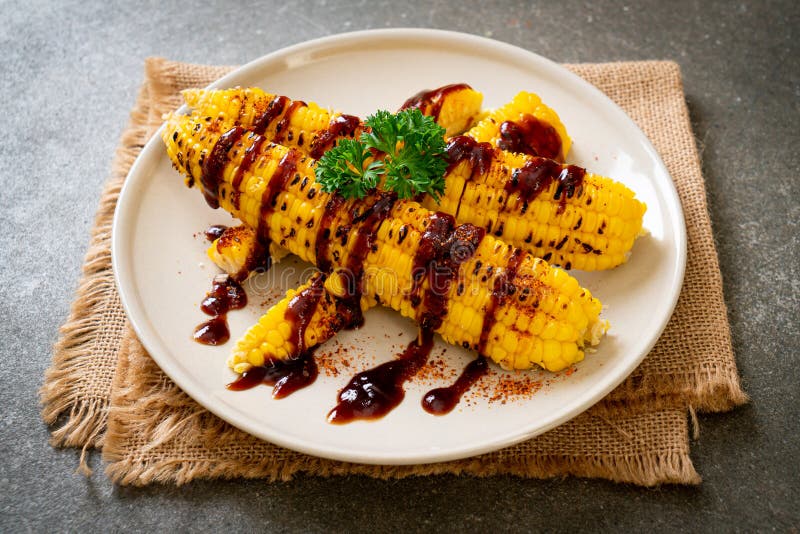 Grilled Corn with Bbq Sauce Stock Image - Image of cooking, pepper ...