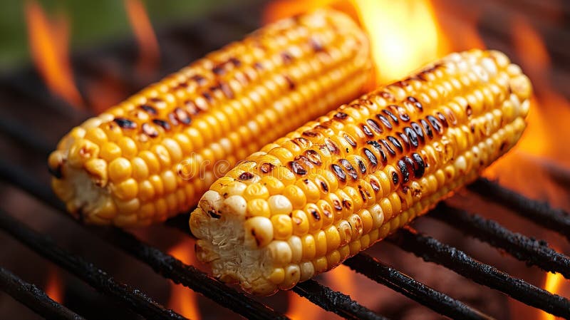 Grilled Corn on the Cob with Charred Marks Over an Open Flame Stock ...