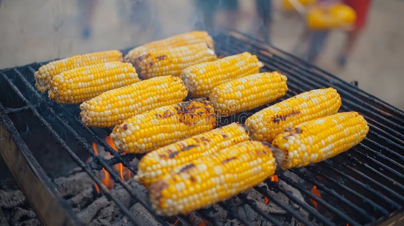 Grilled Corn on the Cob Cooking on a Barbecue Stock Photo - Image of ...