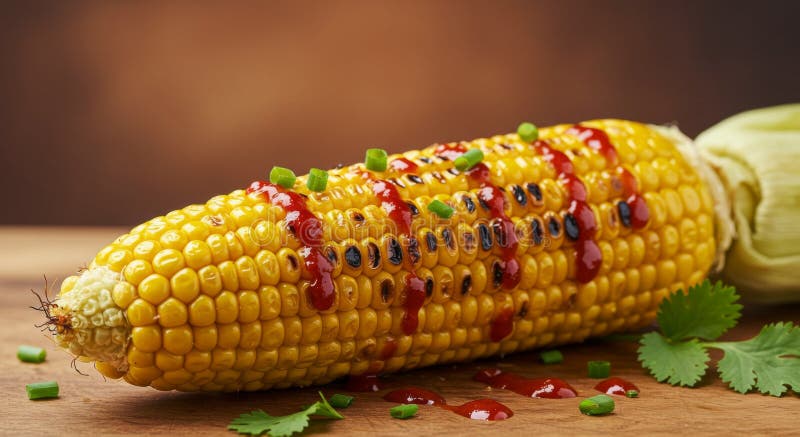Grilled Corn on the Cob with Ketchup and Cilantro Stock Illustration ...