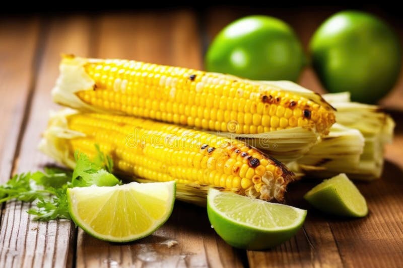 Grilled Corn on the Cob with Lime Wedges on a Wooden Table Stock Photo ...