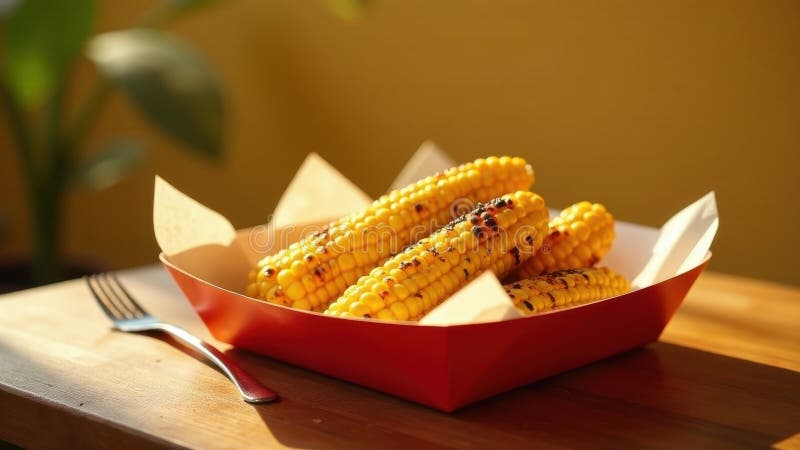 Grilled Corn on the Cob in a Red Container, Sitting on a Wooden Surface ...
