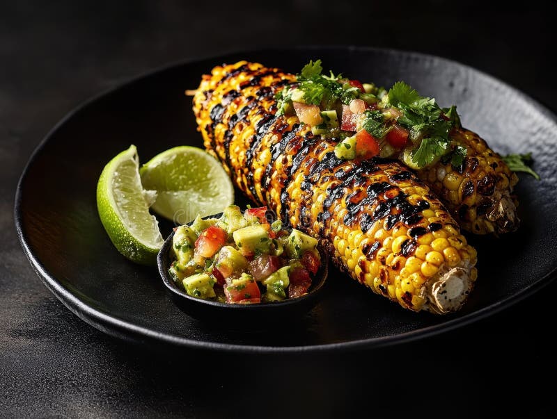 Grilled Corn on the Cob with Salsa and Lime Wedges on a Black Plate ...