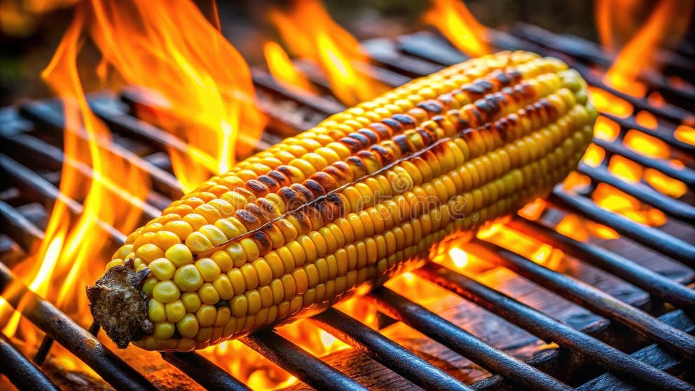 Grilled Corn on the Cob, Sizzling and Roasting Over an Open Flame on a ...