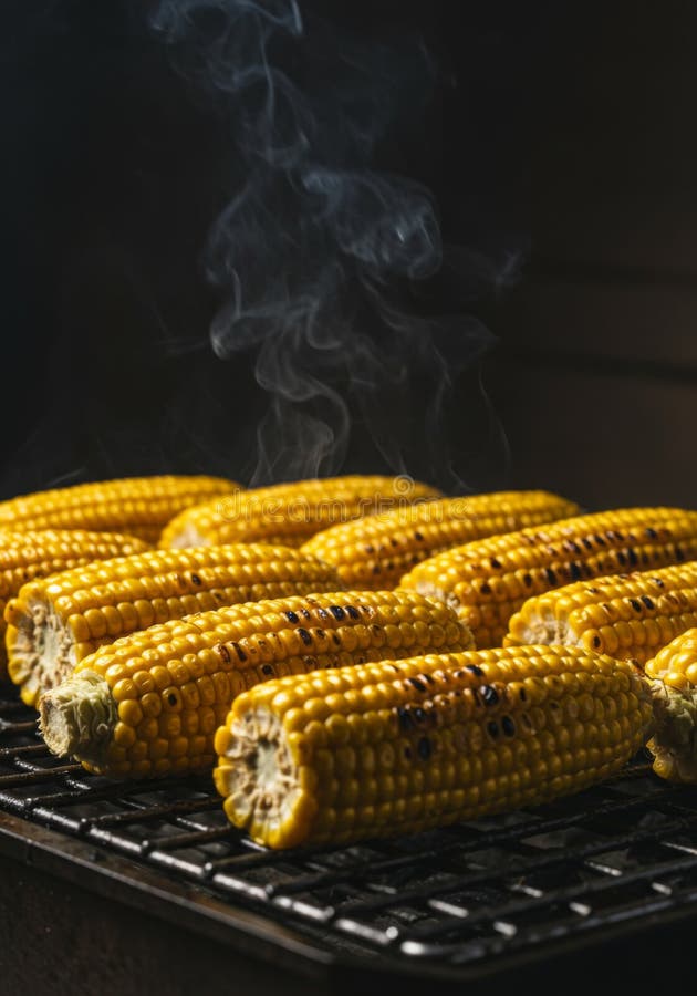 Grilled Corn on the Cob with Steam on Dark Background Stock Illustration - Illustration of ...