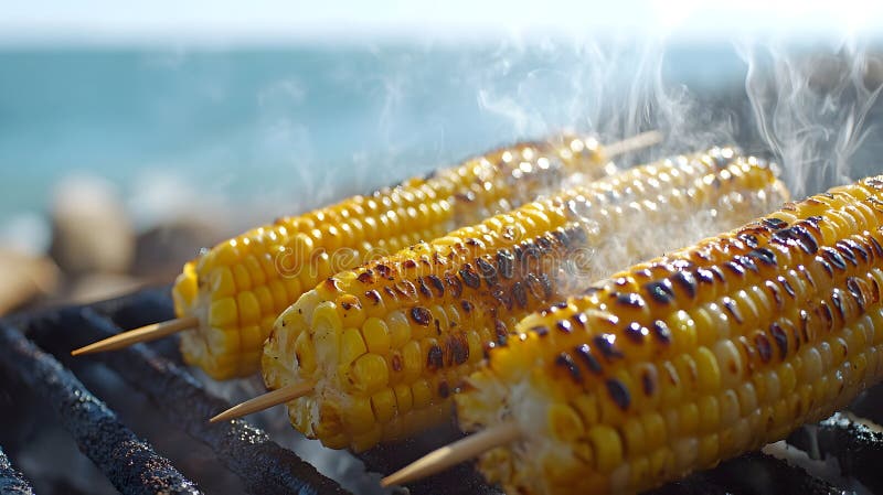 Grilled Corn on the Cob with Steam Rising by the Seaside Stock Image ...