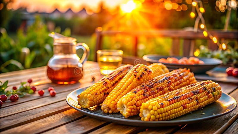 Grilled Corn on the Cob, Summer Picnic in the Garden Stock Illustration ...