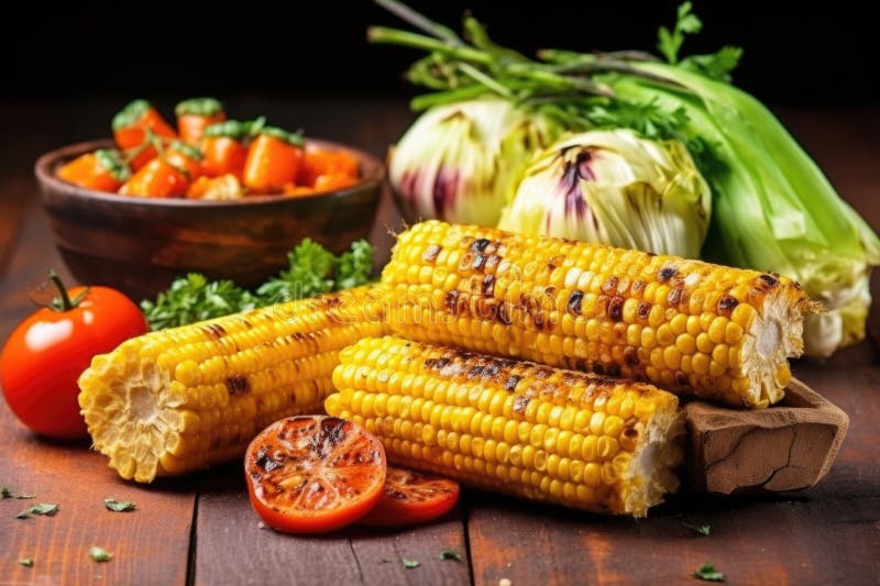 Grilled Corn on Cob with Varied Sizes on Brick Background Stock Image ...