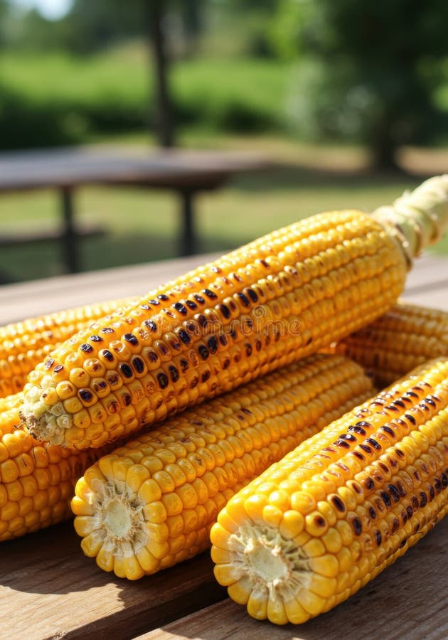 Grilled Corn on the Cob on Wooden Table Outdoors Stock Illustration ...
