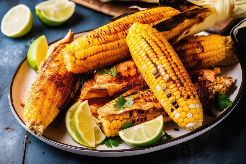 Grilled Corn Cobs, Piled on Platter with Grilled Fish and Lemon Wedges ...