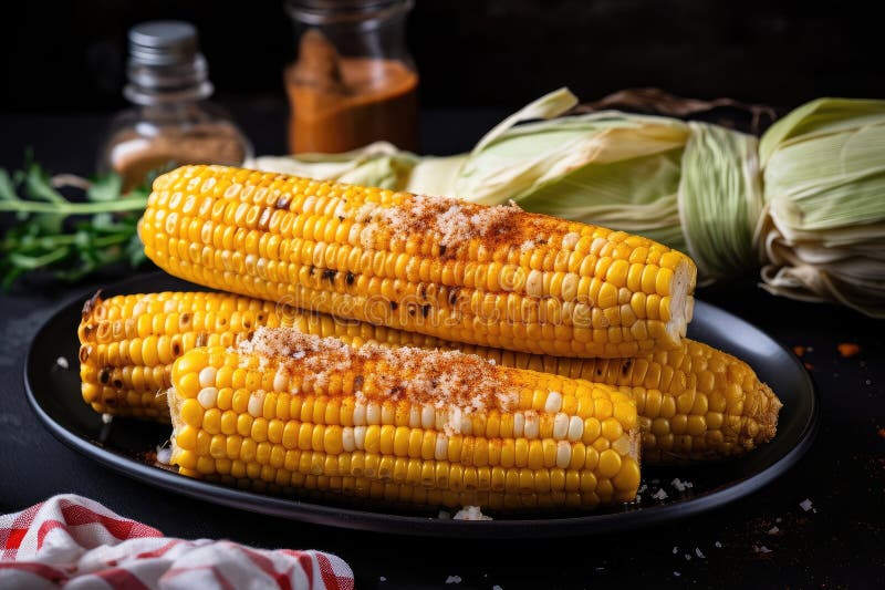 Grilled Corn Cobs on Serving Plate, with Sprinkle of Salt and Pepper ...