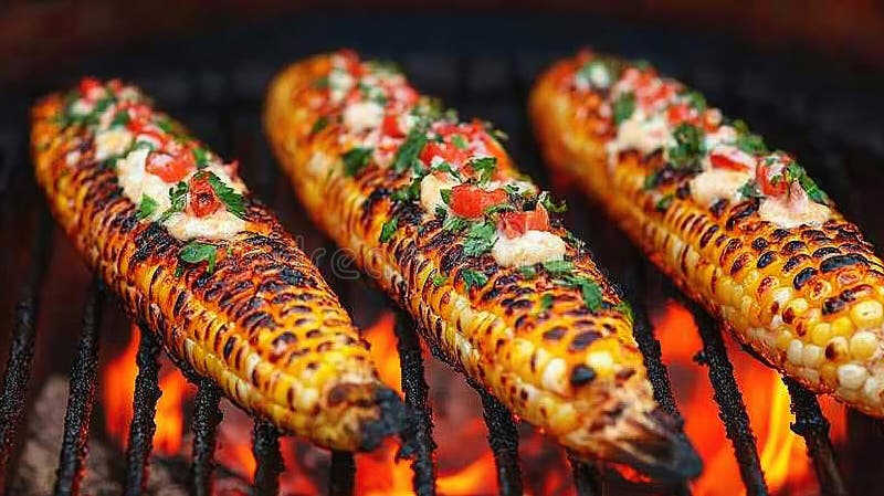 Grilled Corn, Herb Topping, Outdoor BBQ, Flames Stock Photo - Image of ...