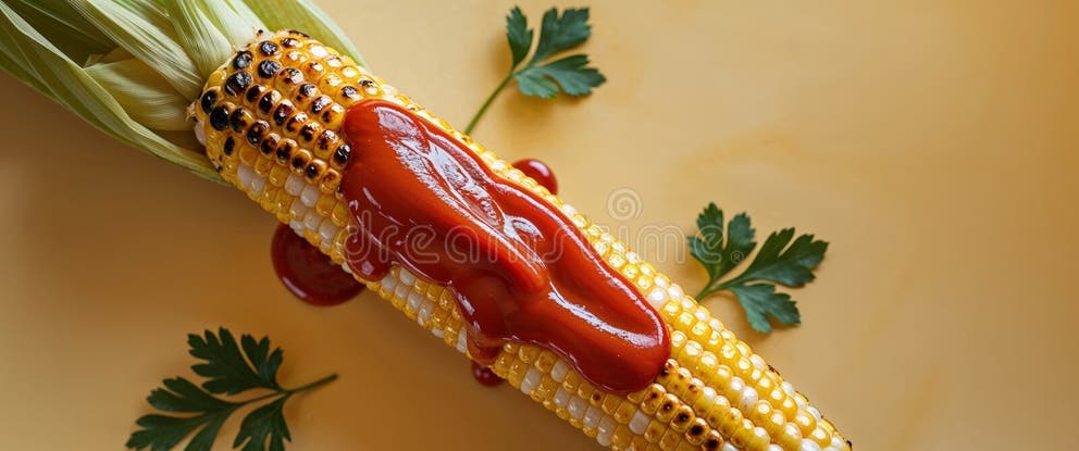 Grilled Corn with Ketchup - Summer Feast Stock Image - Image of ketchup ...