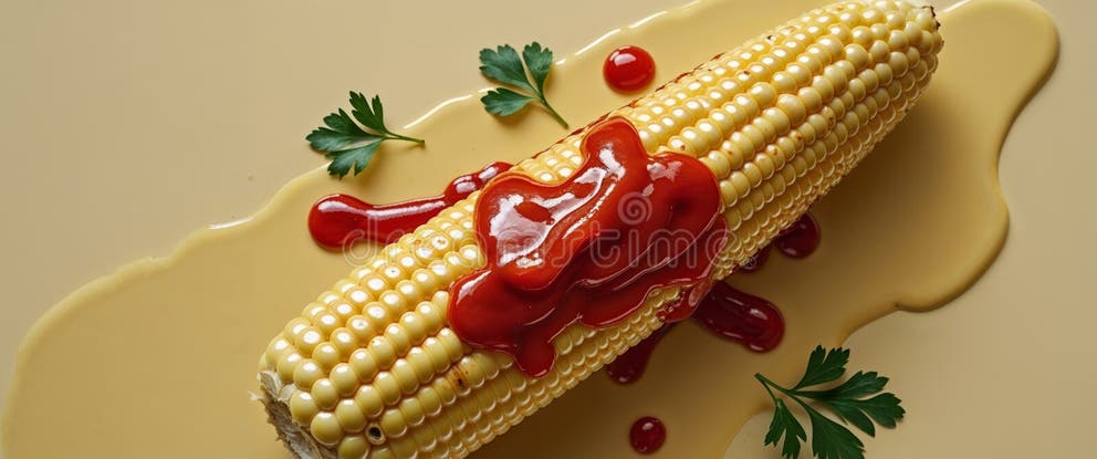 Grilled Corn with Ketchup - Summer Feast. Stock Image - Image of ...