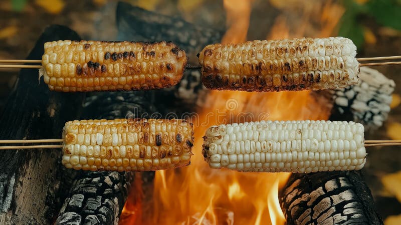 Grilled Corn Over Open Fire Outdoors in Rustic Autumn Setting Stock ...