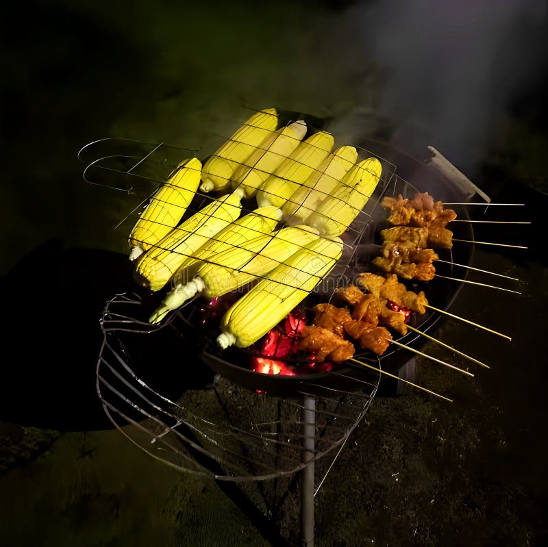 Grilled Corn and Spicy Pork Satay Dishes Cooked on the Grill Stock ...