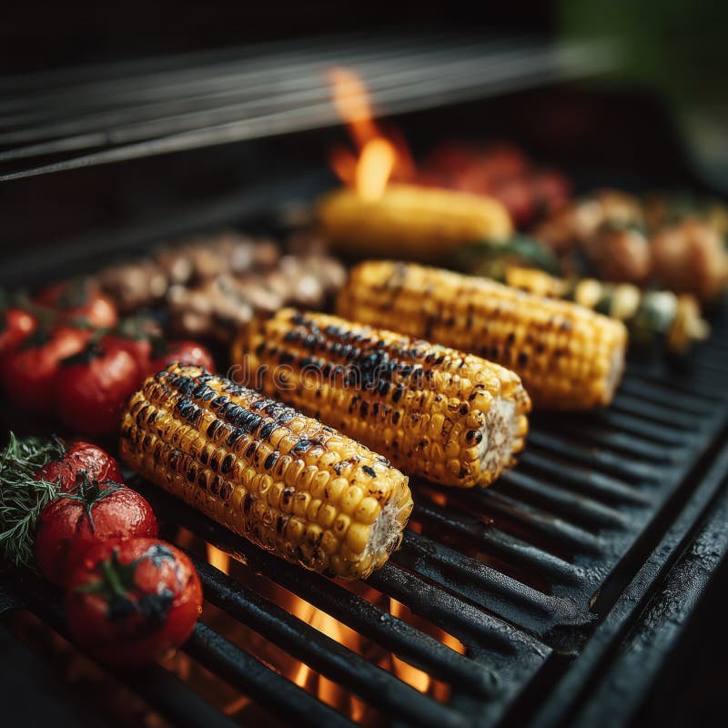 Grilled Corn and Vegetables on Barbecue with Open Flame Stock Photo ...