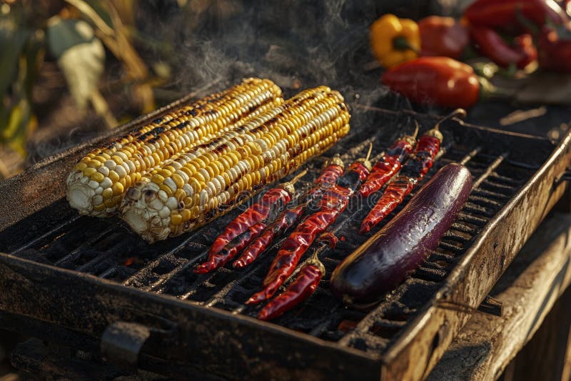 Grilled Corn and Vegetables on Outdoor Bbq Stock Illustration ...