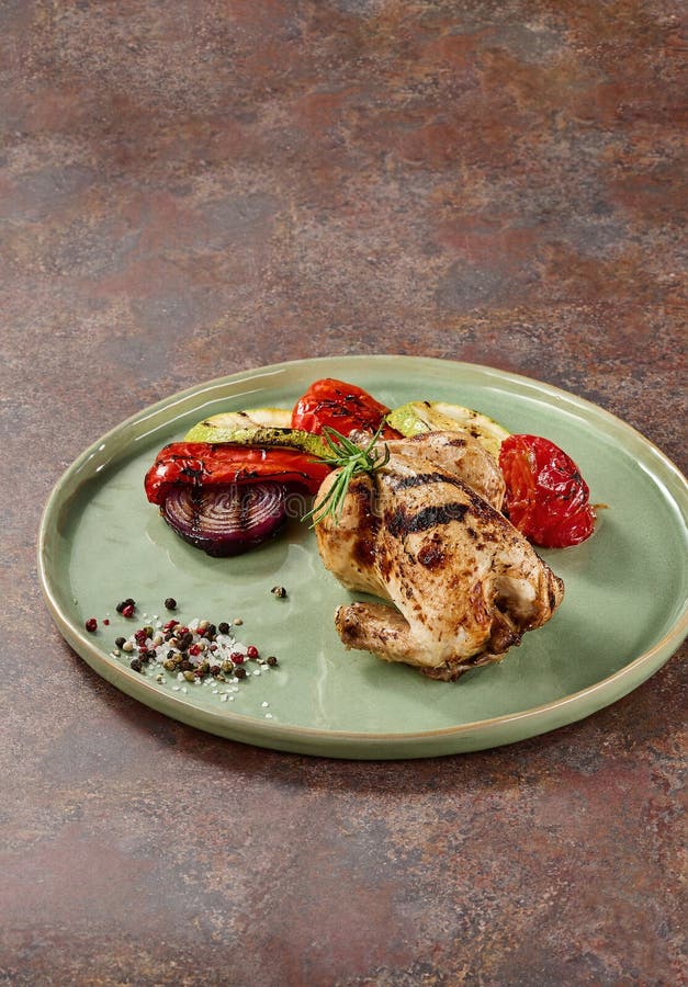 Grilled Cornish Hen on Rustic Plate, Moody Lighting, Overhead ...