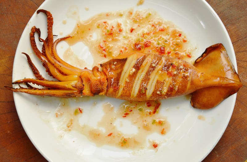 Grilled Cuttlefish Dressing Spicy Sauce on Plate Stock Image - Image of ...