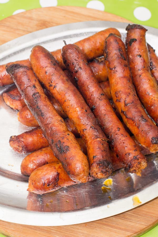 Grilled Domestic Red Sausages on the Plate Stock Image - Image of fire ...