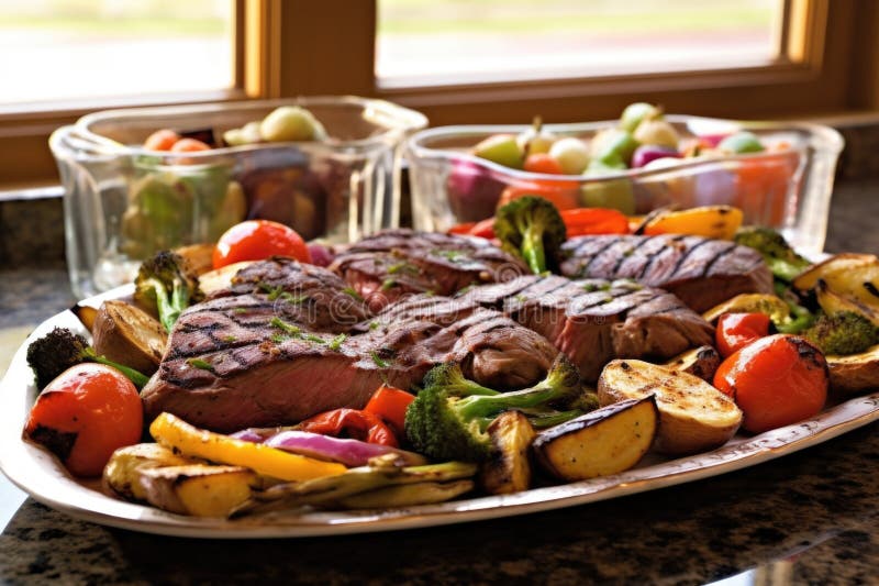 Grilled Filets and Grilled Vegetables on a Serving Platter Stock Photo ...