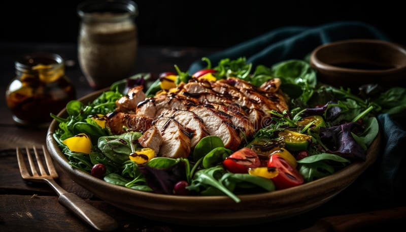 Grilled Fillet and Salad on Rustic Plate Generated by AI Stock ...