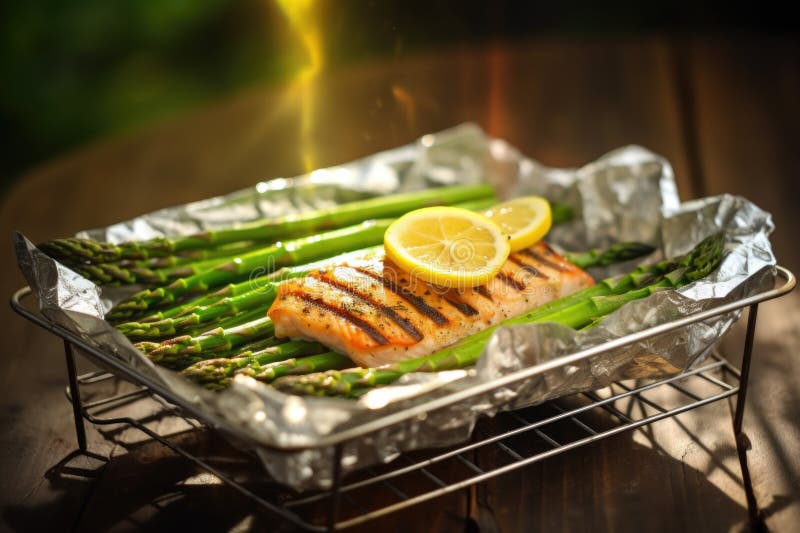 Grilled Fish and Asparagus in a Wire Basket Under Natural Light Stock ...