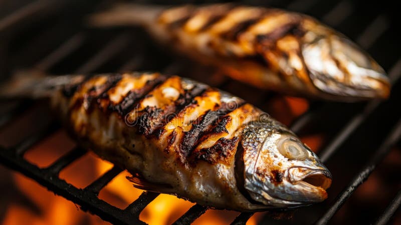 Grilled Fish on a Barbecue Grill Stock Illustration - Illustration of ...