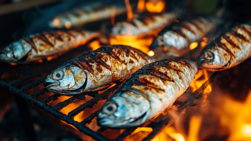 Grilled Fish on a Barbecue Grill with Flames Stock Illustration ...