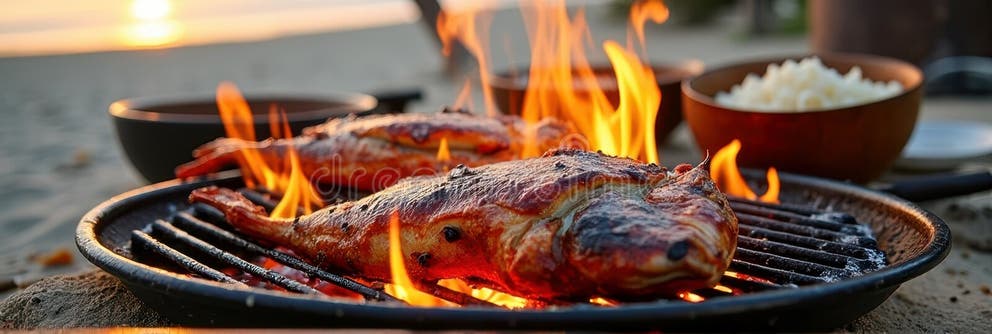 Grilled Fish on Beach at Sunset with Bowls of Rice and Fire Flames ...