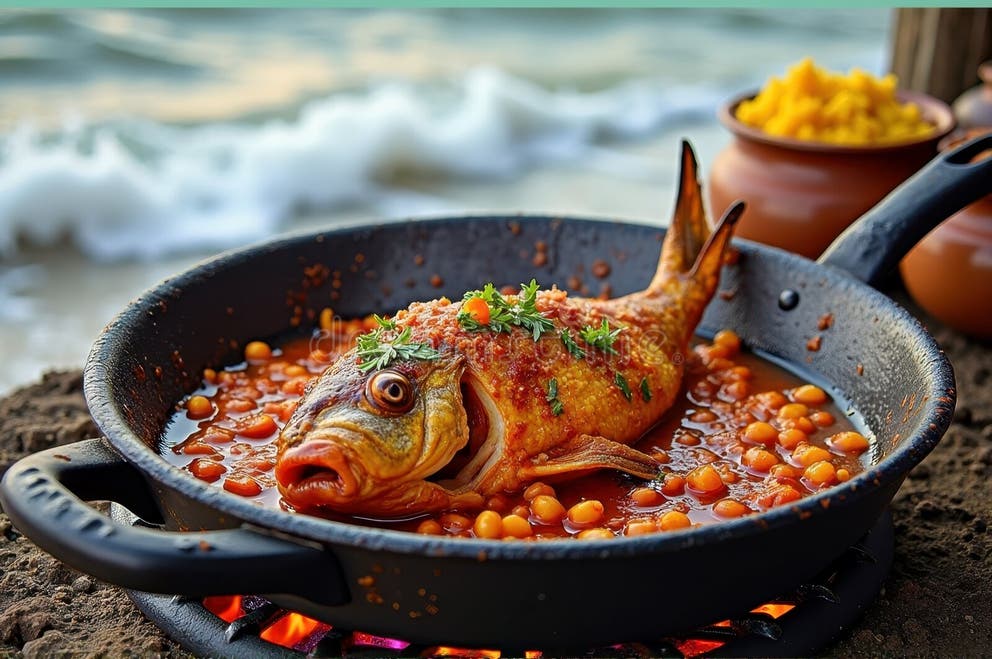 Grilled Fish with Beans and Herbs in Skillet by the Ocean Stock Photo ...