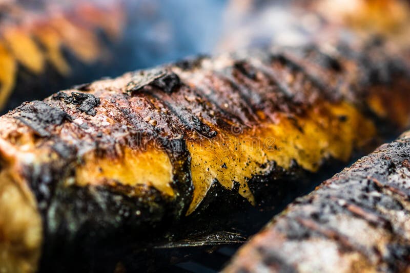 Grilled Fish on Charcoal Grill. Fresh Fish Barbecue Stock Photo - Image ...