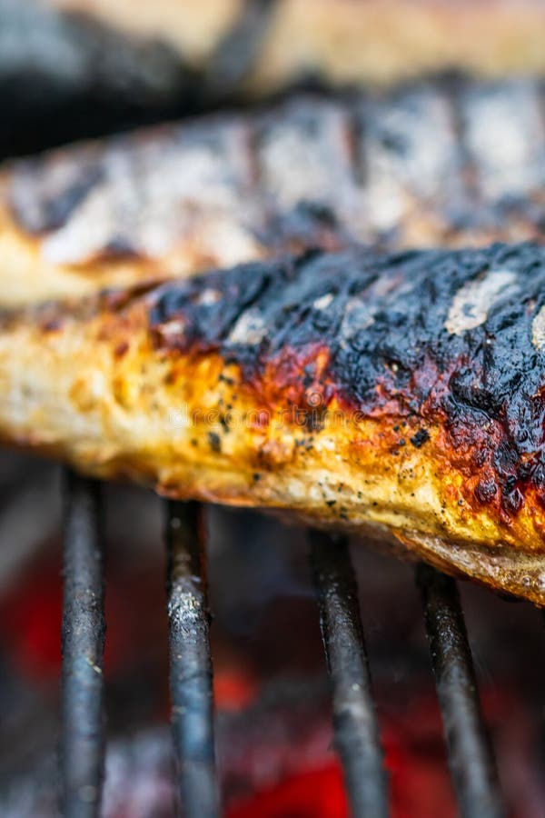 Grilled Fish on Charcoal Grill. Fresh Fish Barbecue Stock Photo - Image ...