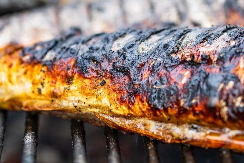 Grilled Fish on Charcoal Grill. Fresh Fish Barbecue Stock Photo - Image ...