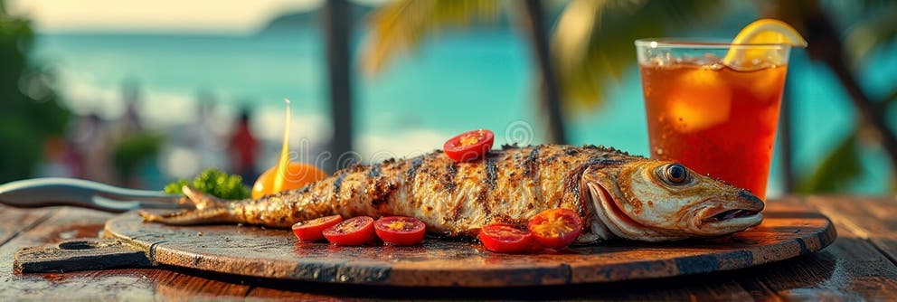 Grilled Fish with Cherry Tomatoes and Iced Tea by Tropical Beach Stock ...