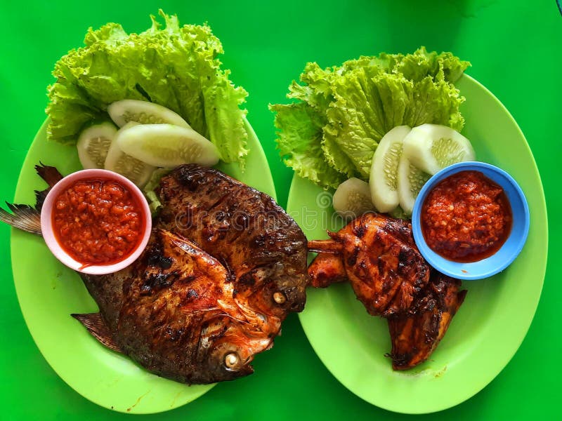 Grilled Fish and Chicken with Sambal Stock Image - Image of vegetable ...