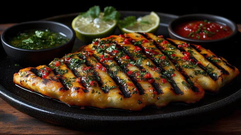 Grilled Fish with Cilantro Lime Sauce Stock Photo - Image of plate ...
