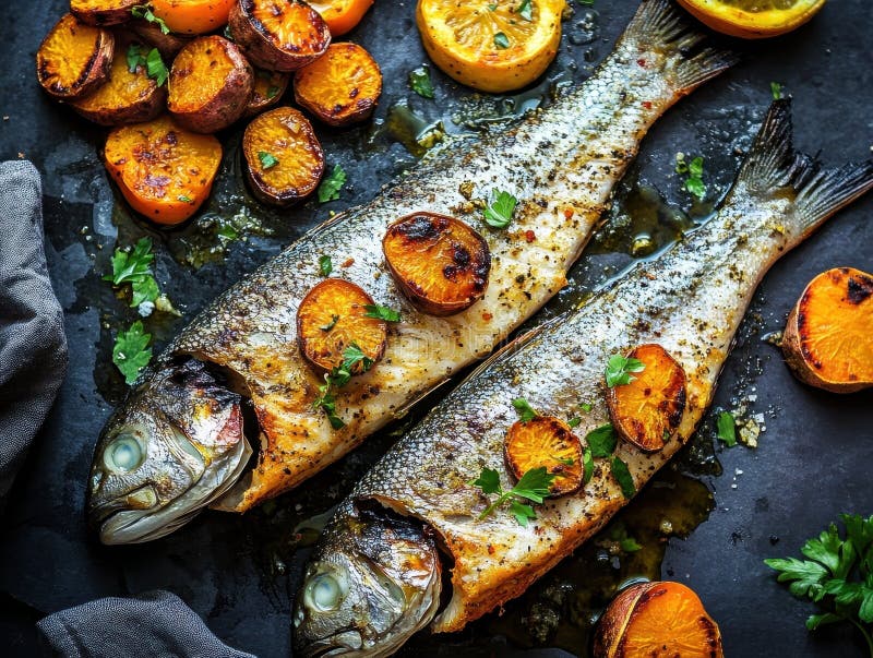 Grilled Fish with Citrus and Herbs, Garnished with Fresh Herbs and ...